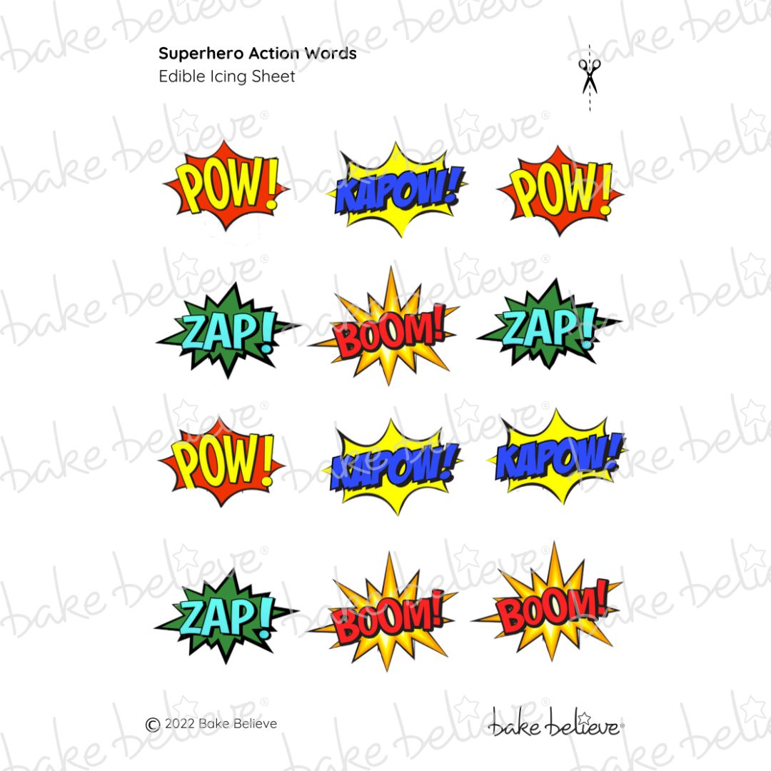 Superhero Action Words Edible Images | Bake Believe